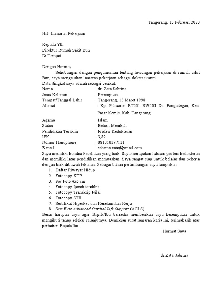 Surat Lamaran RS Bun Kosambi | PDF