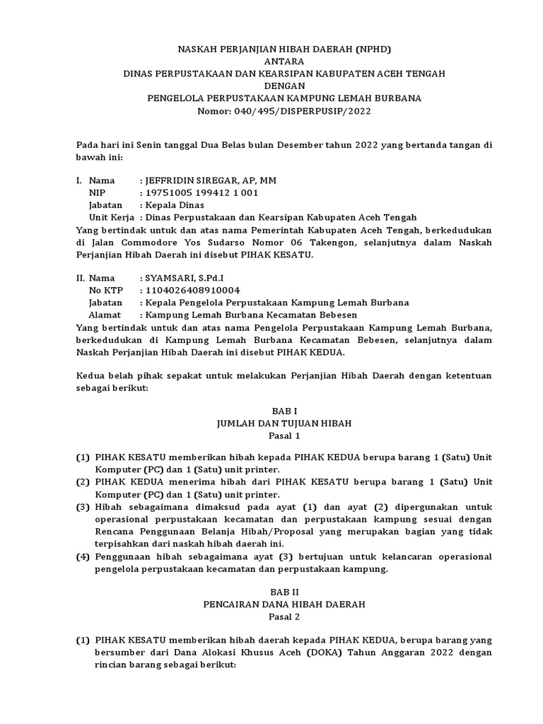 NASKAH PERJANJIAN HIBAH DAERAH (NPHD) Kampung Lemah Burbana | PDF