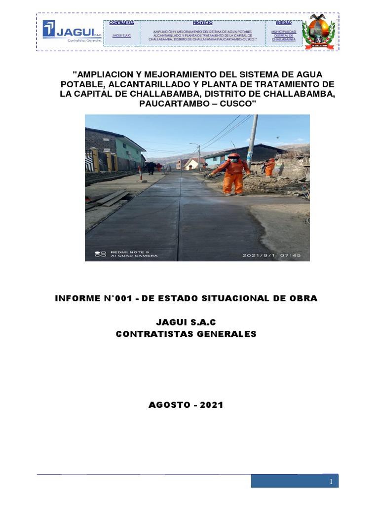 1.-Informe Tecnico N°001 de Estado Situacional de Obra | PDF | Outsourcing | Alcantarillado