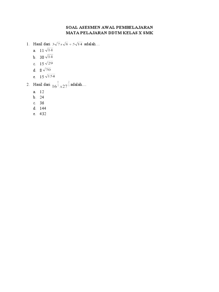 Contoh Soal Asesmen Awal SMK Kelas X | PDF