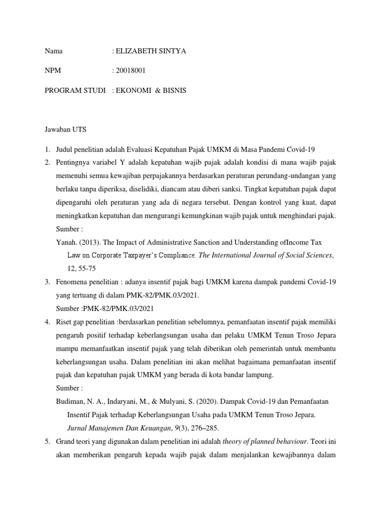 Uts Metodelogi Penelitian Elizabeth Sintya (20018001) | PDF | Bisnis | Pengelolaan Keuangan & Uang
