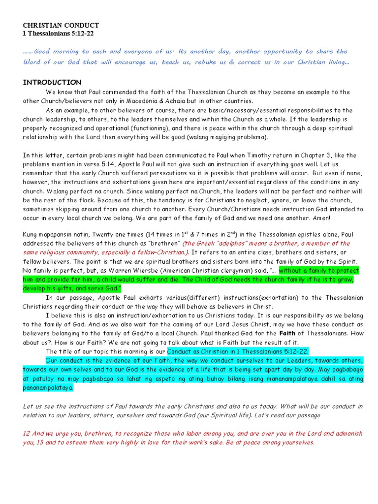 Christian Conduct in Thessalonians 5:12-22 | PDF | Spiritual Gift ...