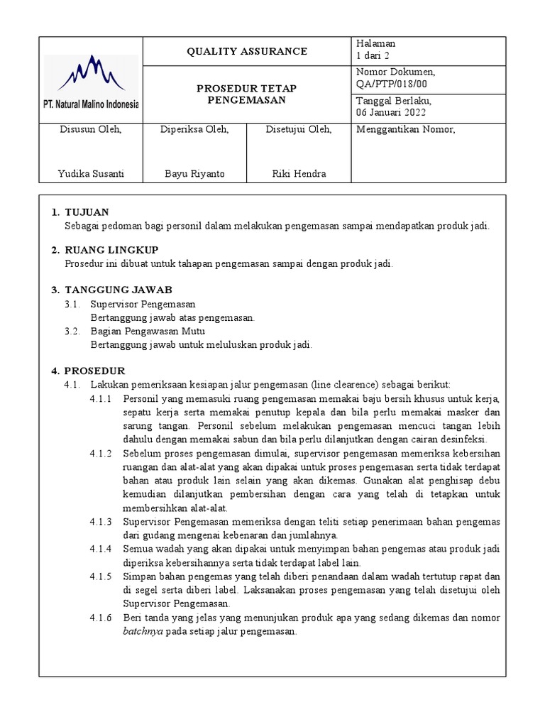 PROTAP. QA.PTP.018.PENGEMASAN | PDF