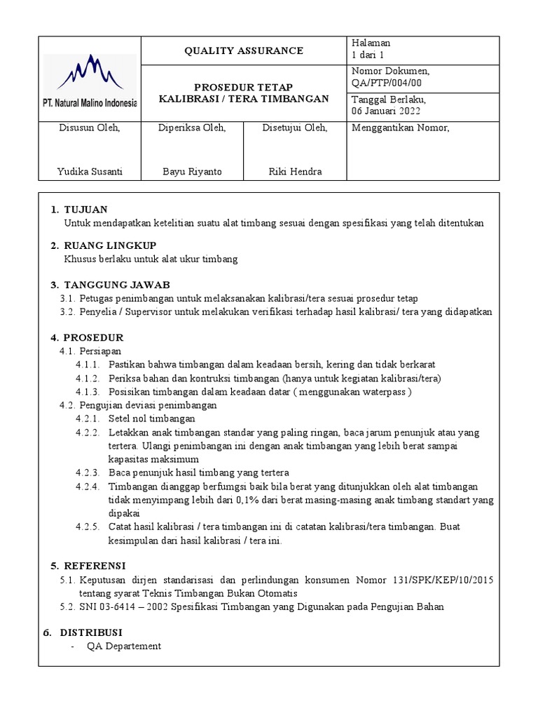 PROTAP. QA - PTP.004.Kalibrasi Tera Timbangan | PDF