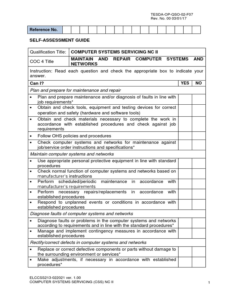 TESDA Self-Assessment Guide for COC 4 | PDF | Medical Diagnosis | Computing