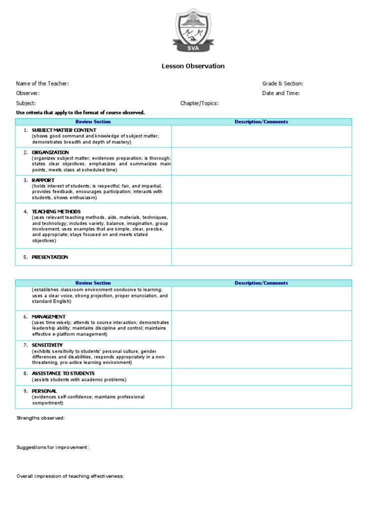 SVA Lesson Observation | PDF