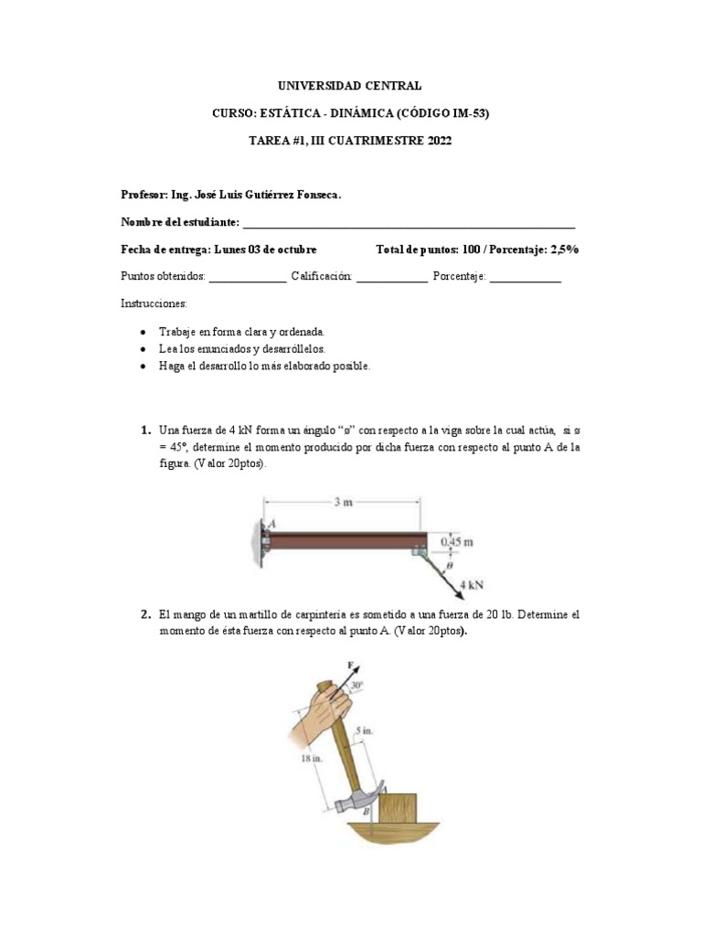 Tarea #1 Estática y Dinámica | PDF