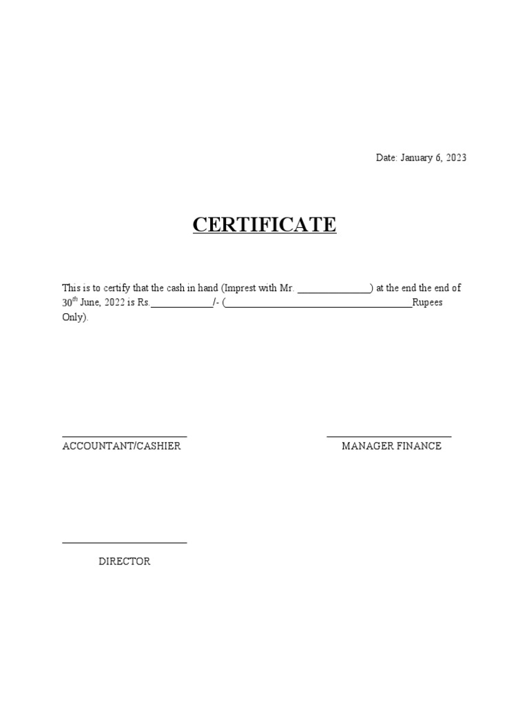 Cash Imprest Certificate Format | PDF | Finance & Money Management