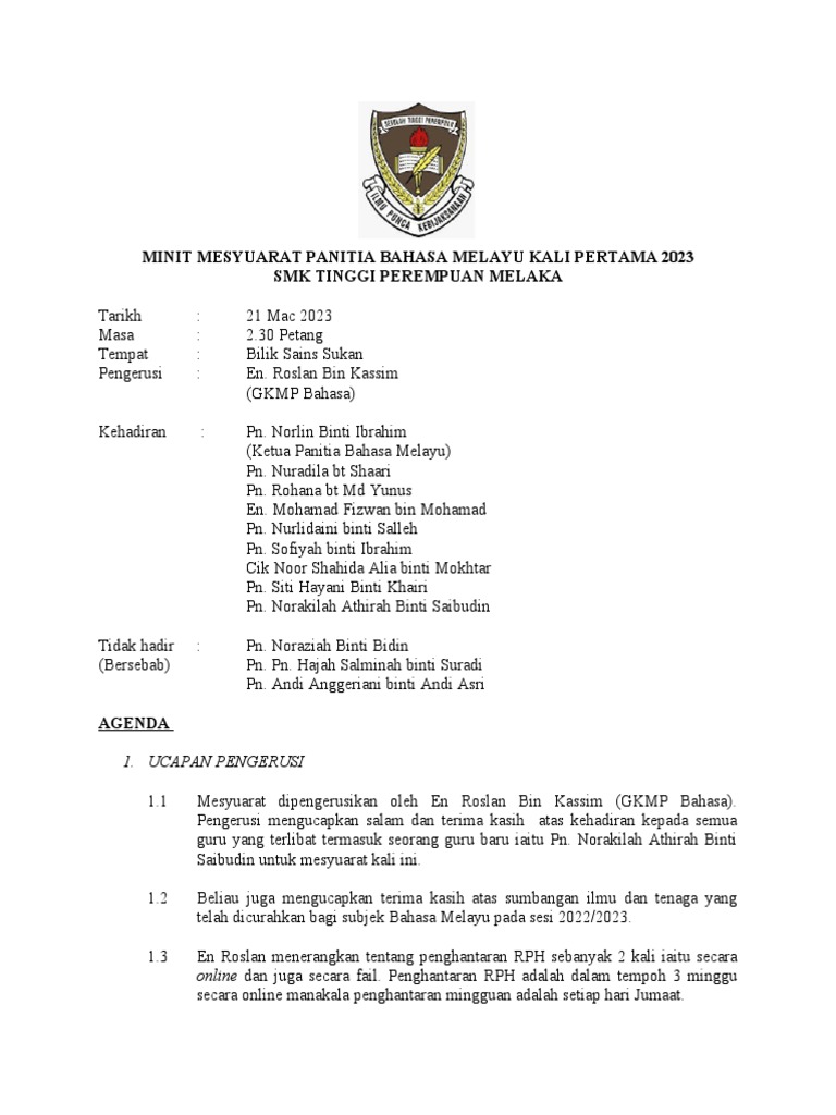Minit Mesyuarat Panitia BM Kali Pertama-2023 | PDF