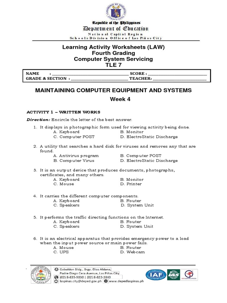 Grade 7 Computer Servicing Worksheets | PDF | Computer Network ...