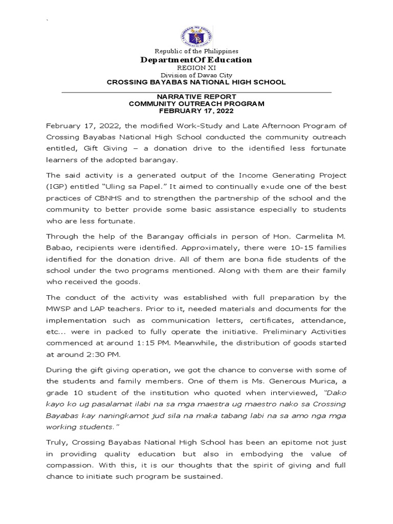 Providing for the Less Fortunate: Crossing Bayabas National High School ...