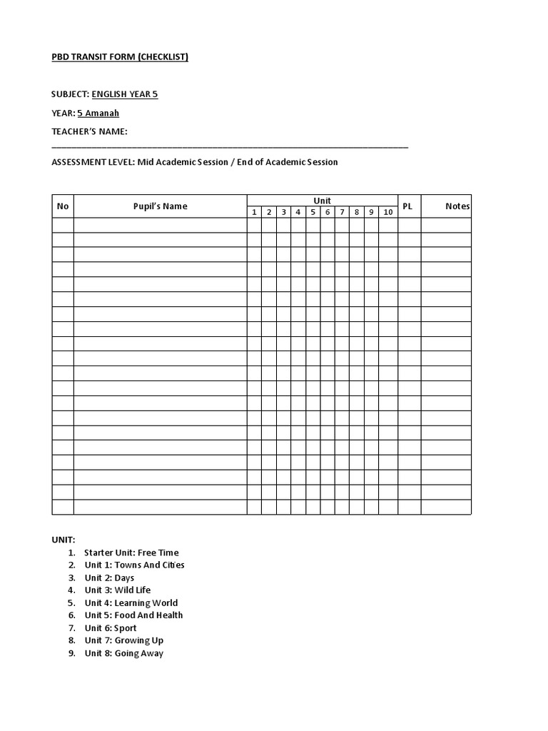 PBD TRANSIT FORM - ENG YEAR 5 (Checklist) | PDF | Learning | Cognition