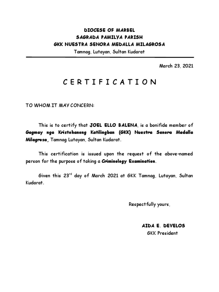 Certification: Diocese of Marbel Sagrada Pamilya Parish GKK Nuestra Senora Medalla Milagrosa | PDF