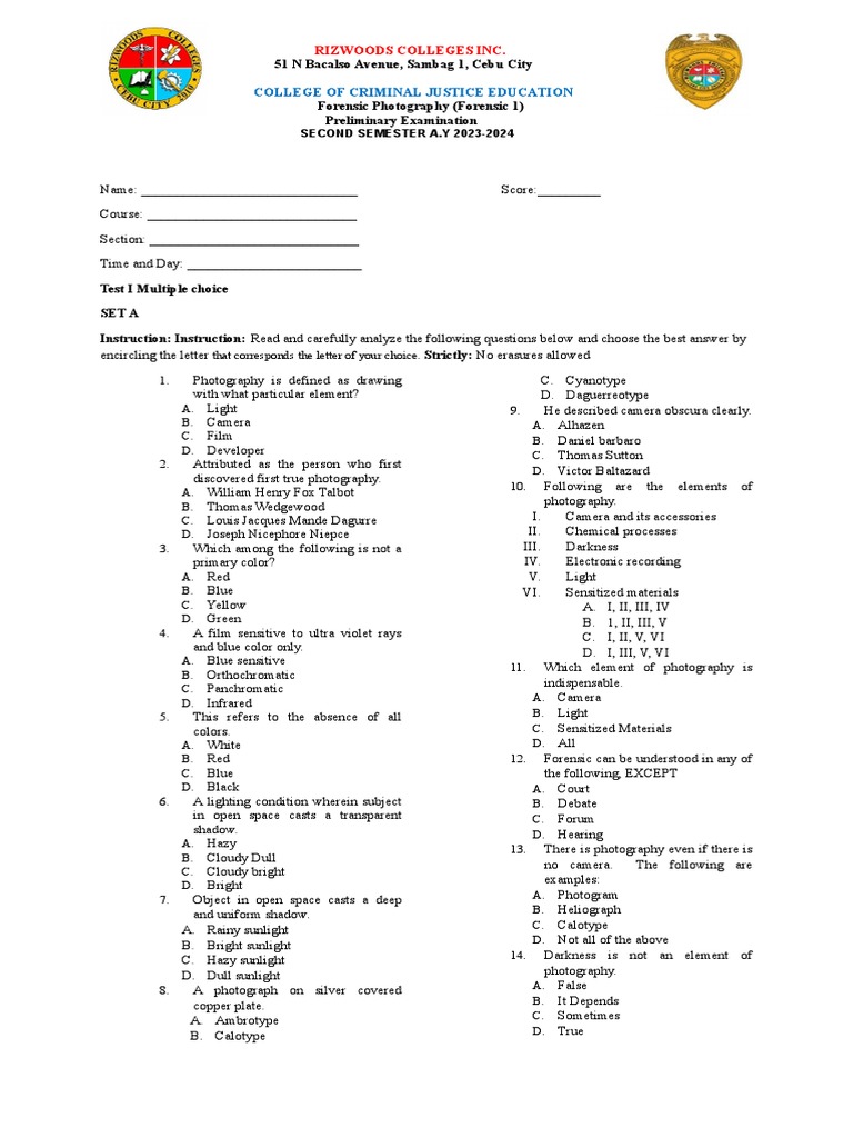 Forensic 1 Prelim Exam Set A | PDF | Vision | Crafts