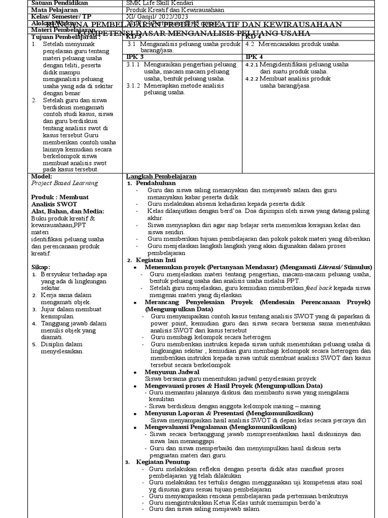 RPP PKK Kls Xi Ganjil Peluang Usaha | PDF