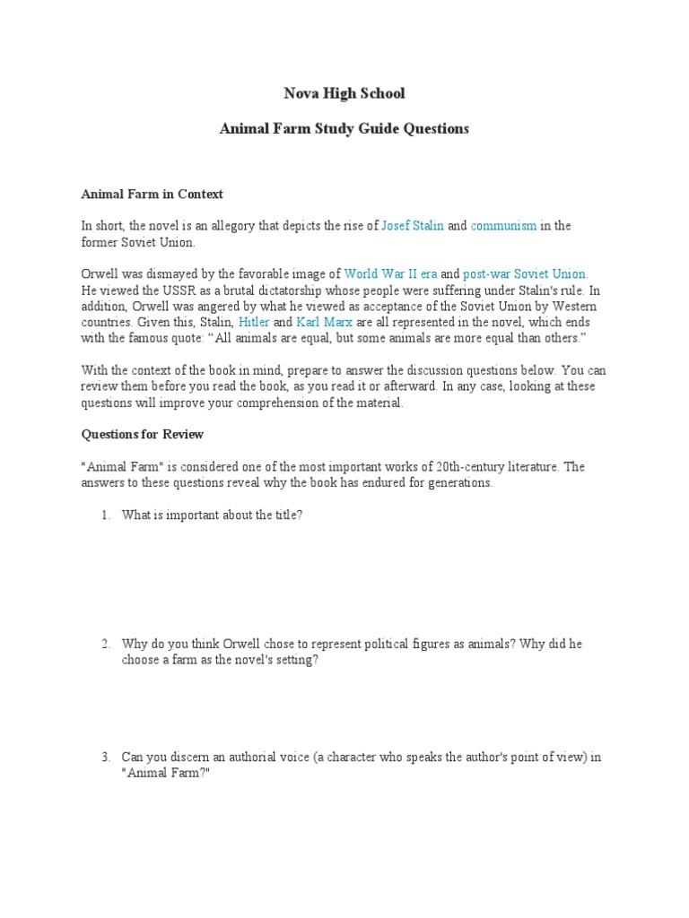 9th Grade Animal Farm Study Guide Questionss | PDF