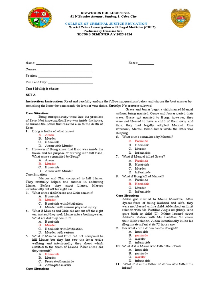Cdi Prelim Exam Q &a Set A | PDF | Autopsy | Crime Scene
