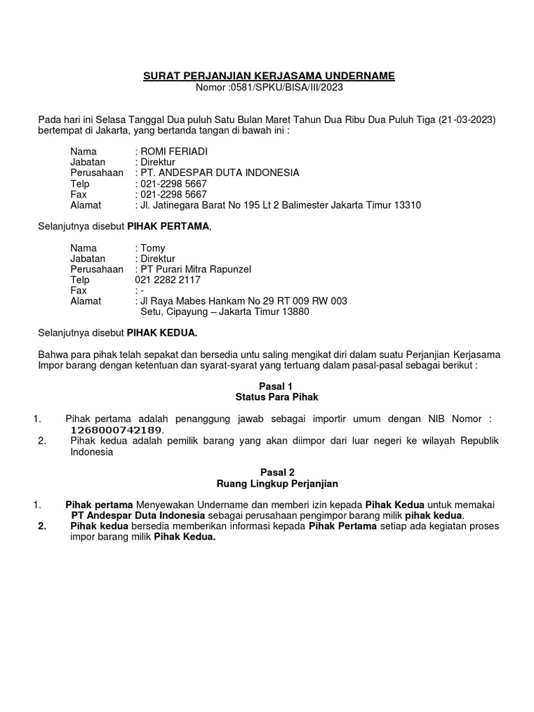Surat Perjanjian Kerjasama Undername Andespar & PMR | PDF