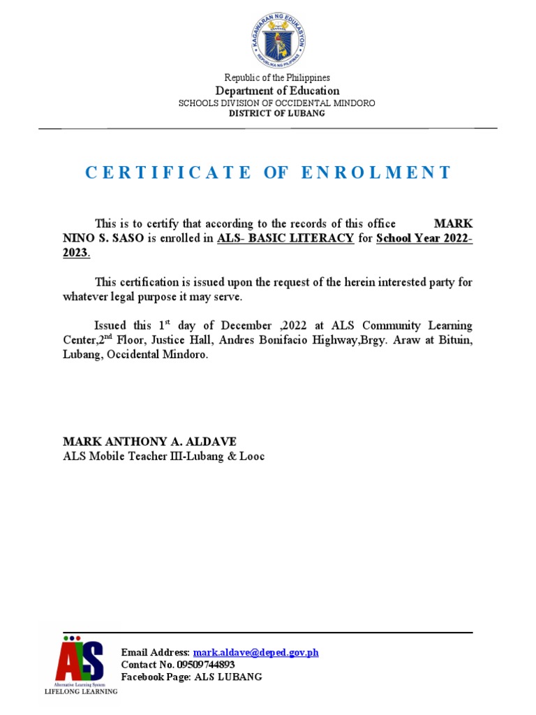 Certificate of Enrolment - MARK | PDF