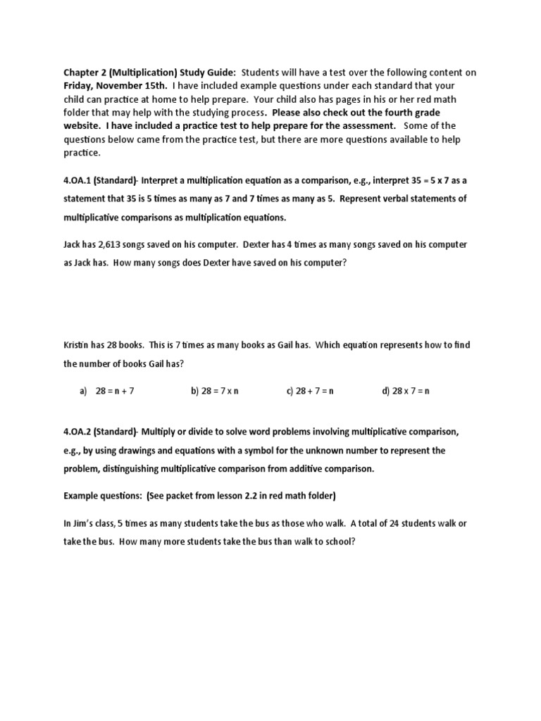 Multiplication Go Math Chapter 2 Study Guide | PDF | Multiplication ...