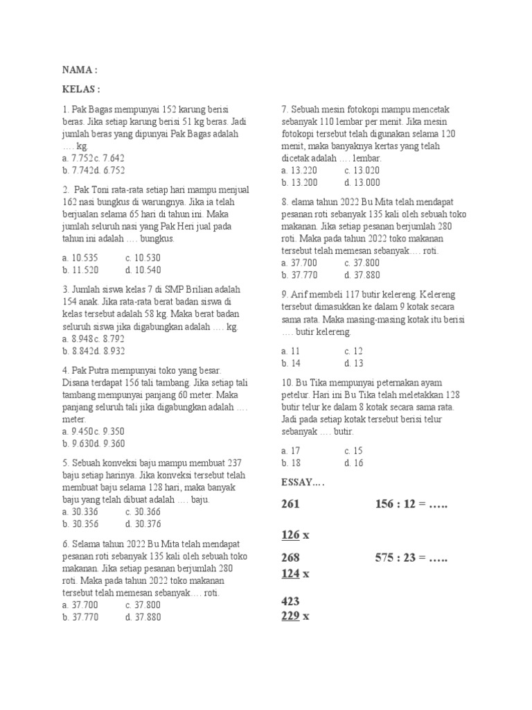 Soal Perkalian dan Pembagian Kelas 4 | PDF