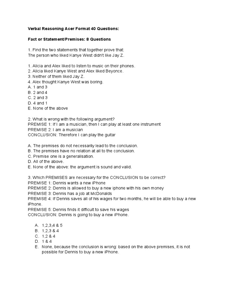 Verbal Reasoning Acer Format 40 Questions: Fact or Statement/Premises ...