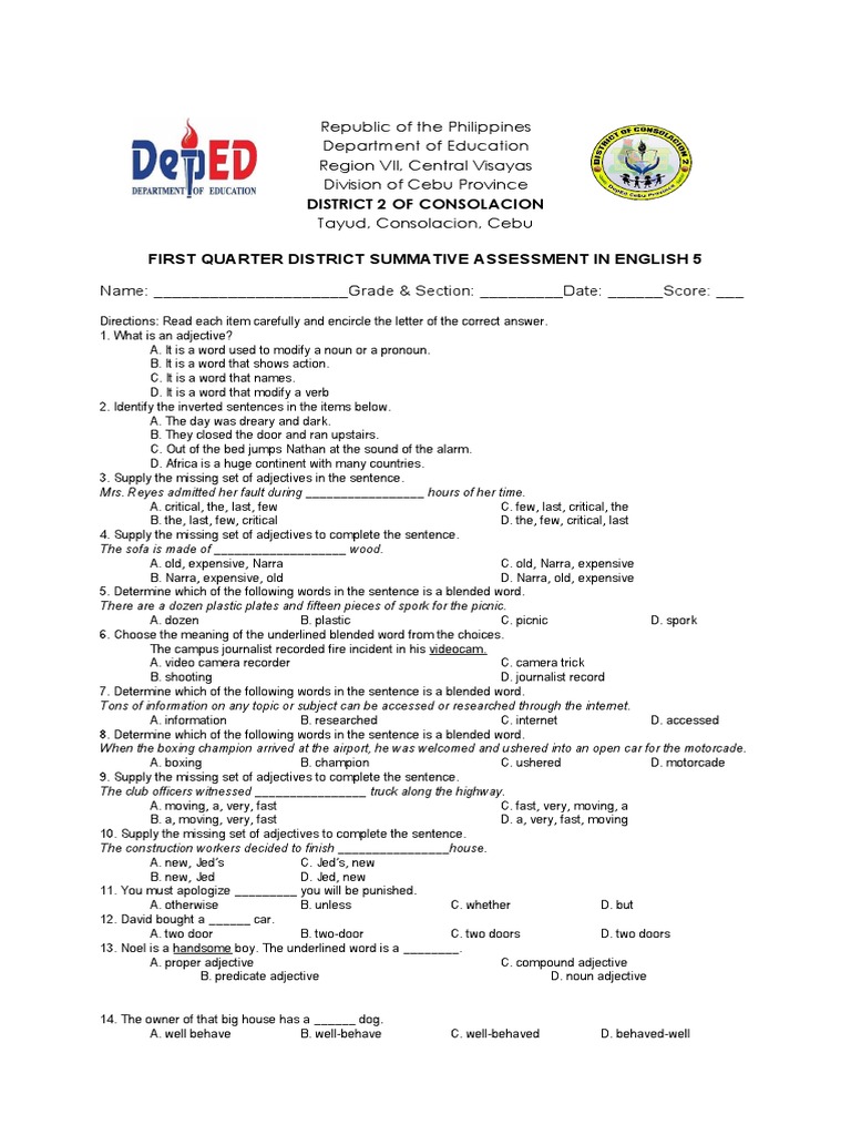 English 5-1st QUARTER-DISTRICT-SUMMATIVE-ASSESSMENT-TEST | PDF ...