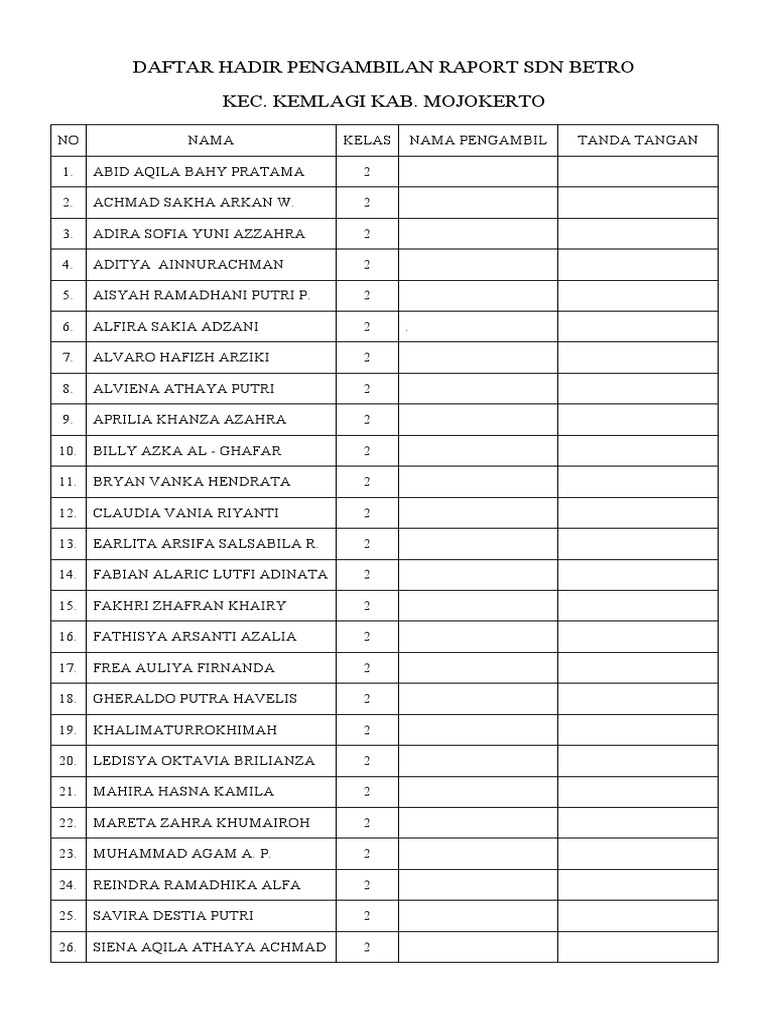 Daftar Hadir Pengambilan Raport | PDF