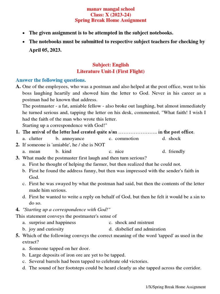 Spring Break Assignment for Class X | PDF | Mirror | Refractive Index