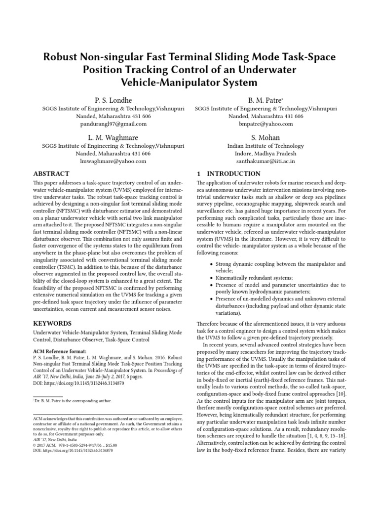 Robust Non Singular Fast Terminal Sliding Mode Task Space Position Tracking Control Of An