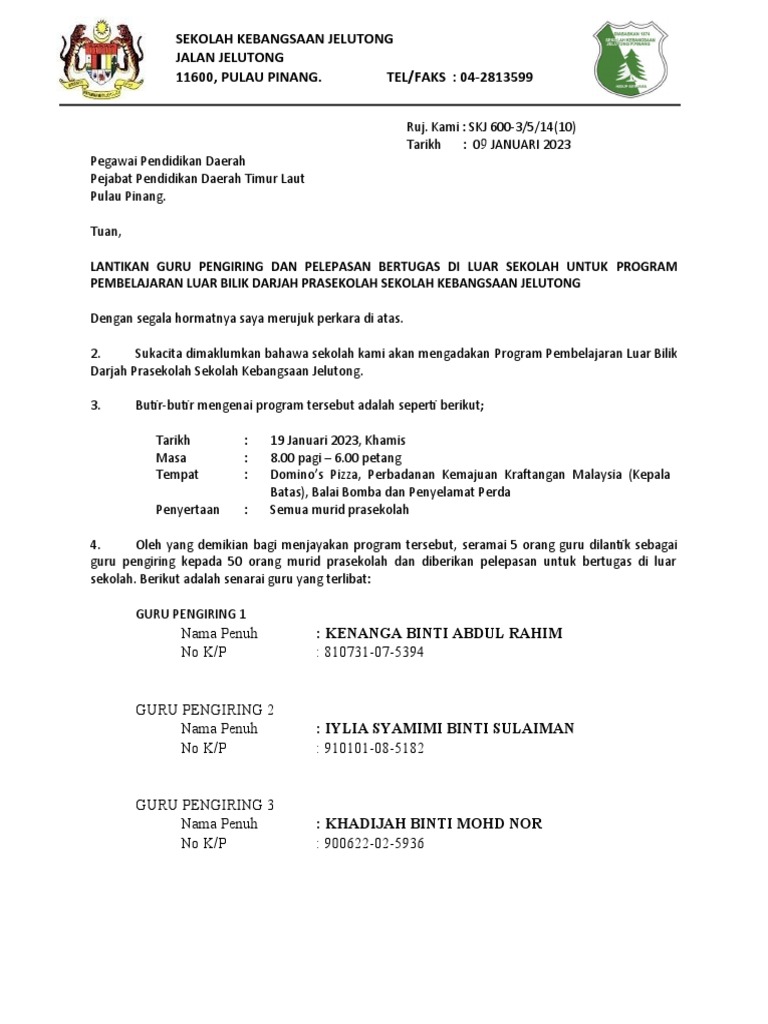 Surat Guru Pengiring Dan Pelepasan Bertugas | PDF