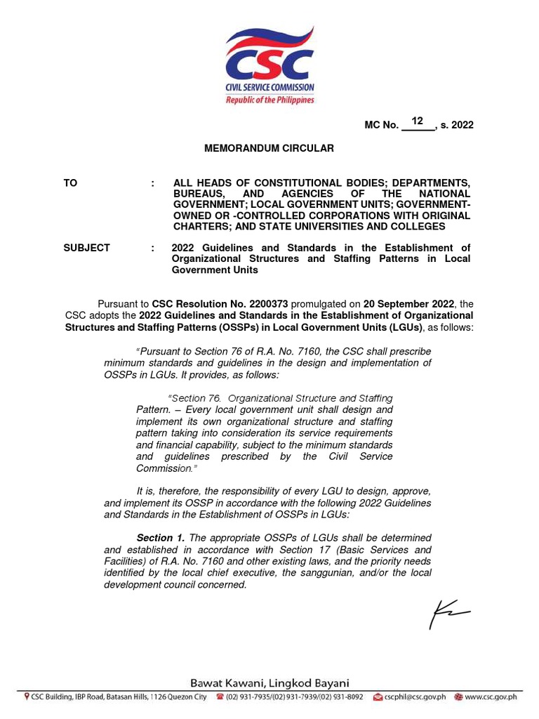 MCNo.12 S. 2022 - CSC Guidelines in The Establishment of Org Structures ...