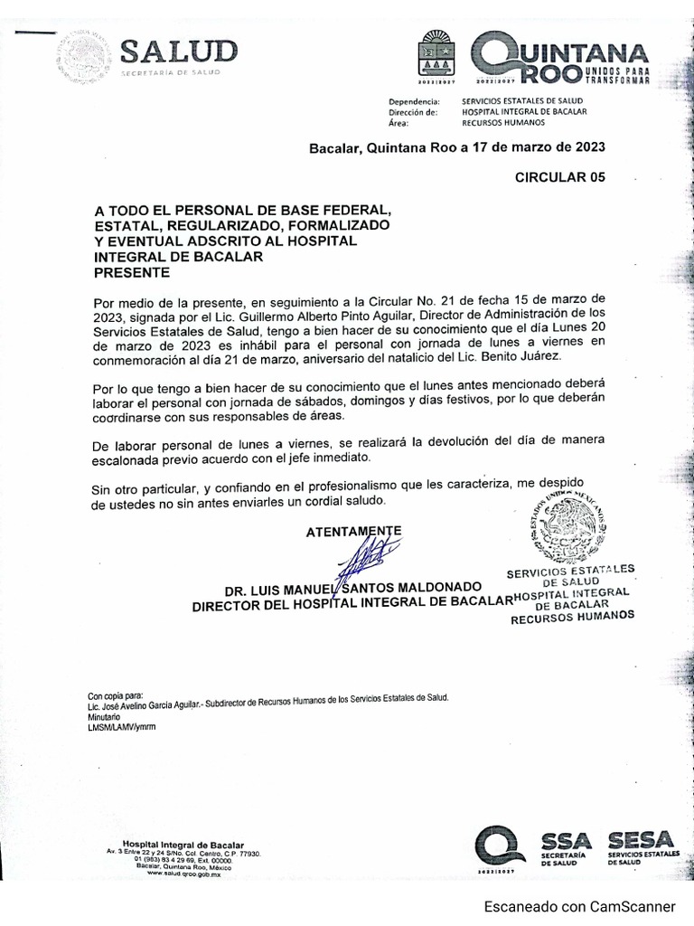 Circular 5 Día Inhábil | PDF