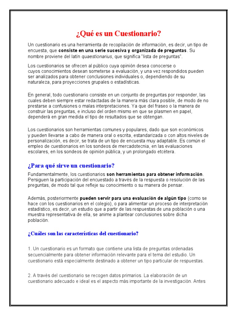 Características y Tipos de Cuestionarios | PDF | Cuestionario | Metodología de encuesta