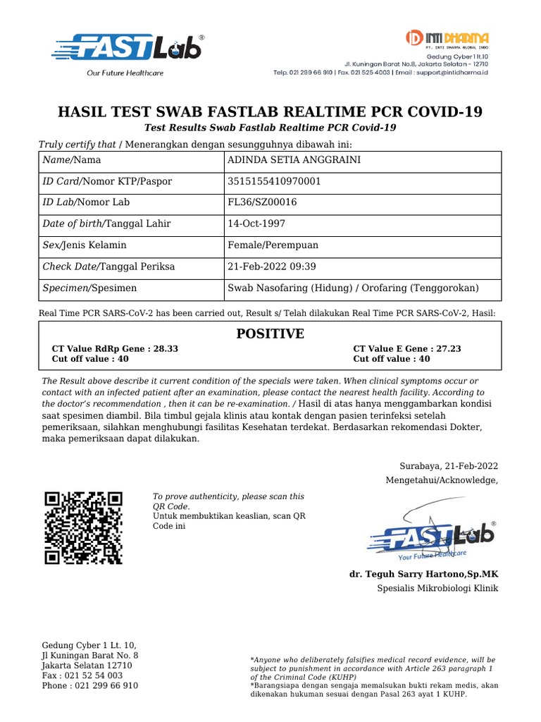 Hasil Test Swab Fastlab Realtime PCR Covid-19: Positive | PDF