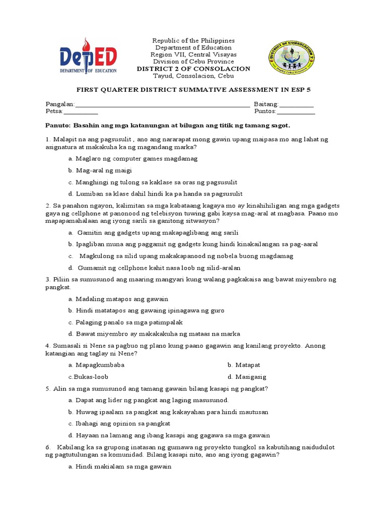 ESP 5-1st QUARTER-DISTRICT-SUMMATIVE-ASSESSMENT-TEST | PDF