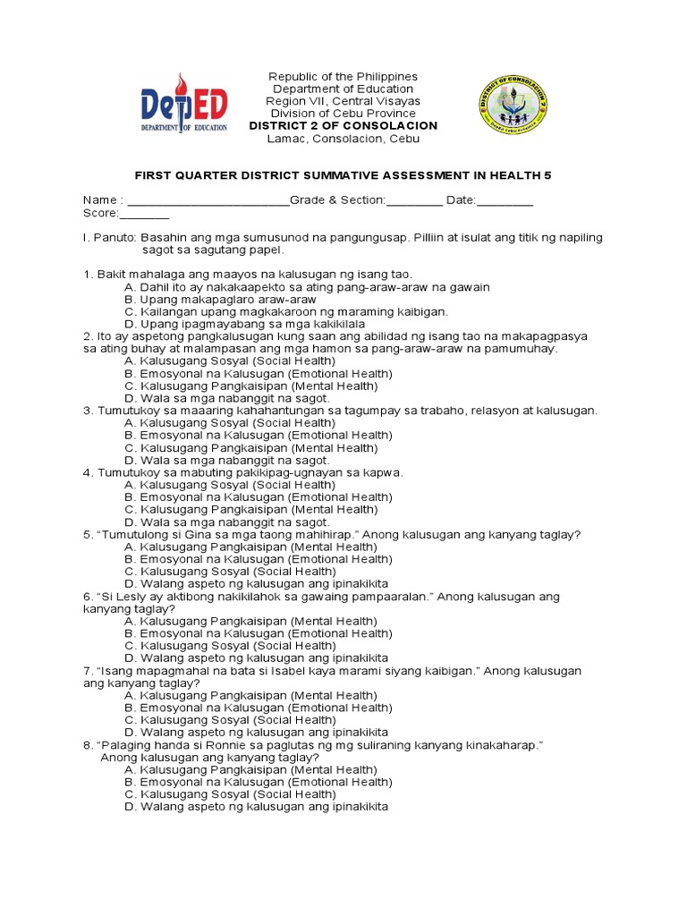 HEALTH 5-1st QUARTER-DISTRICT-SUMMATIVE-ASSESSMENT-TEST | PDF
