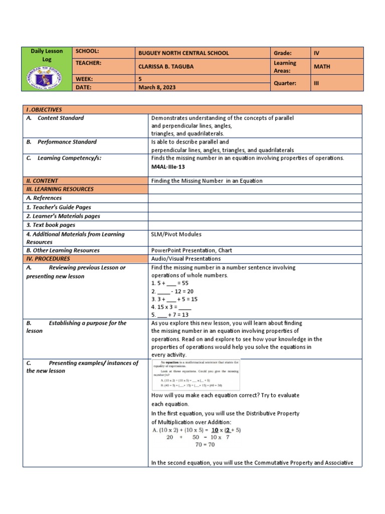 Daily Math Lesson Finding Missing Numbers | PDF | Learning | Equations