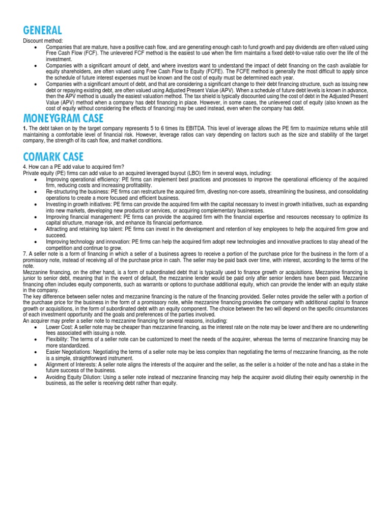 Fin 520 Note | PDF | Mergers And Acquisitions | Valuation (Finance)