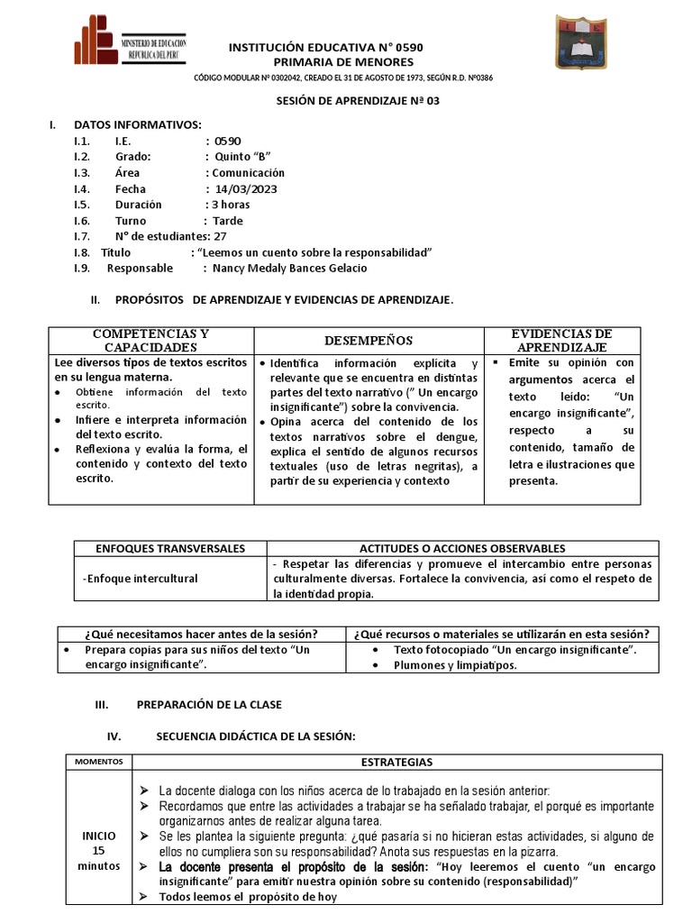Sesión de Aprendizaje 03 - 5to Grado | PDF | Aprendizaje