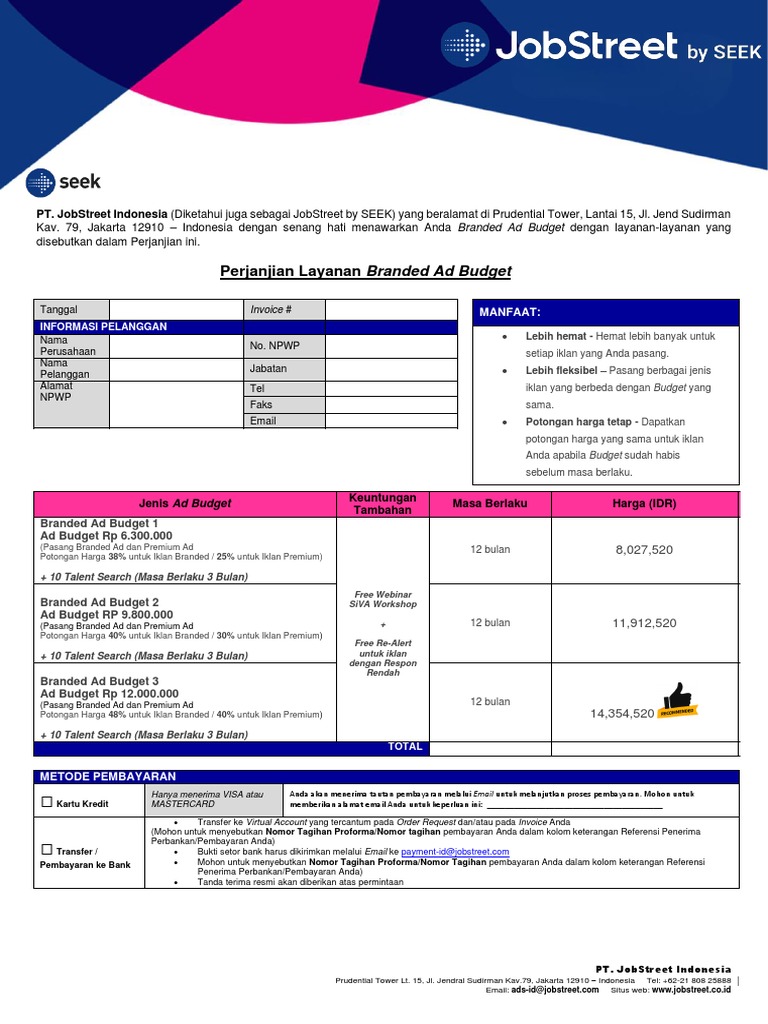 Perjanjian Layanan Branded Ad Budget PT. JobStreet Indonesia | PDF