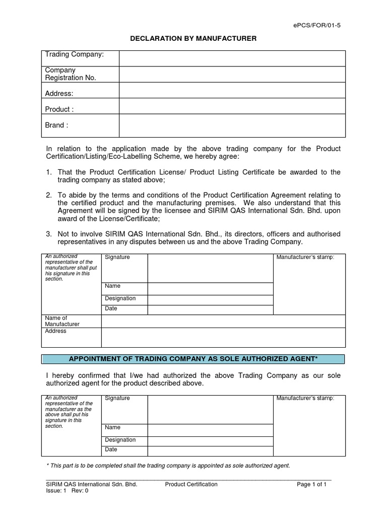 Manufacturer Declaration for Product Certification | PDF