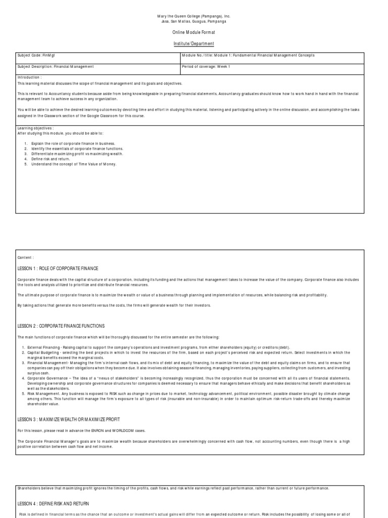 FinMgt Module 1 Fundamental Financial Management Concepts | PDF ...