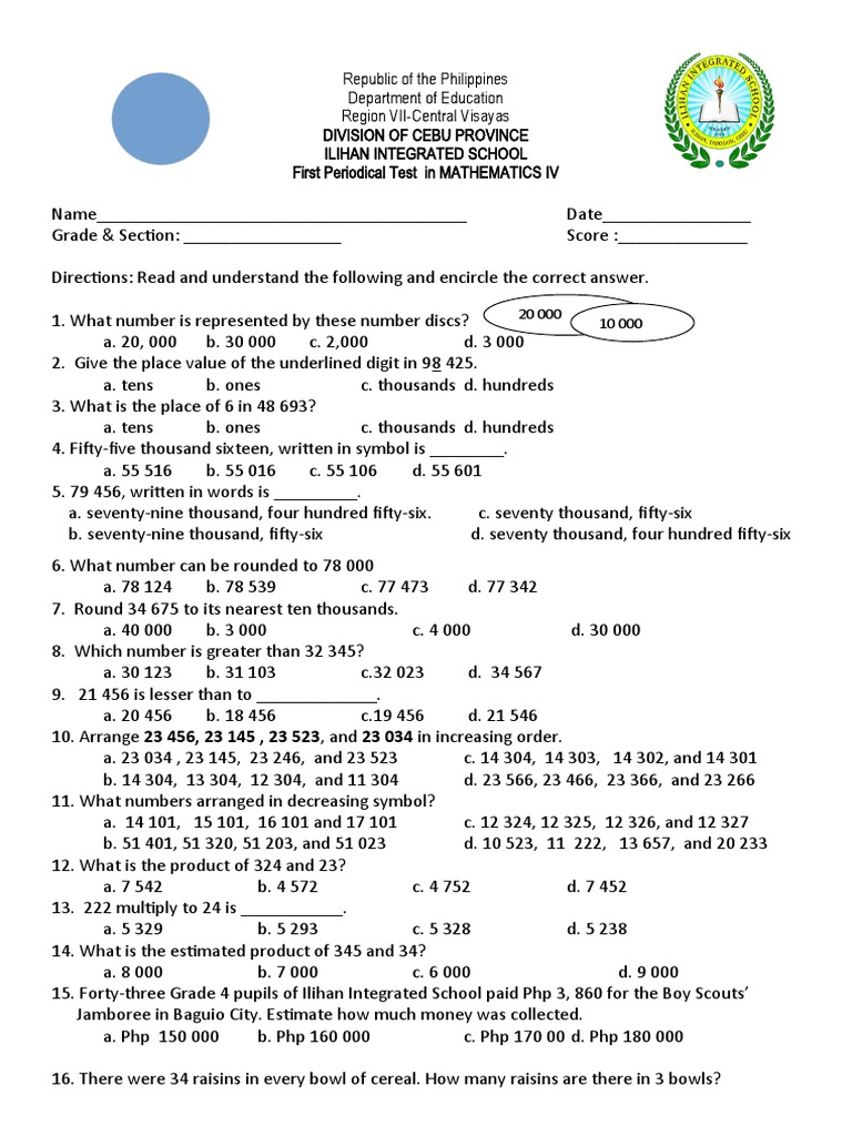 Grade 4 Math First Periodical Test | PDF | Division (Mathematics ...