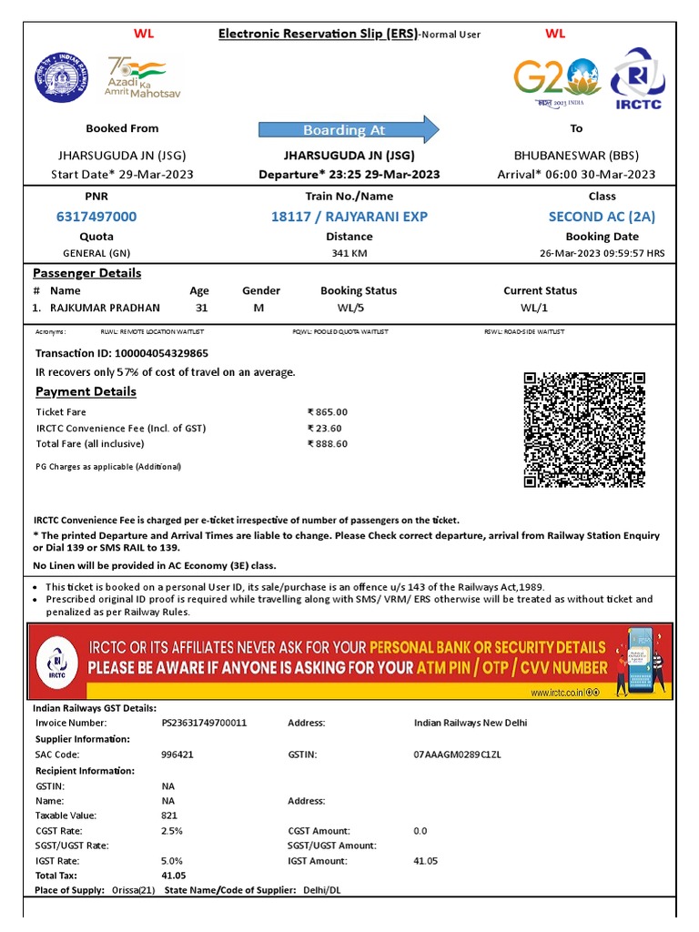 Rajyarani Exp Second Ac (2A) : WL WL | PDF | Identity Document
