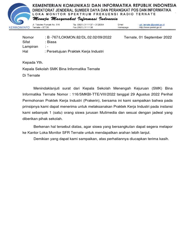 Persetujuan Prakerin SMK Bina Informatika | PDF