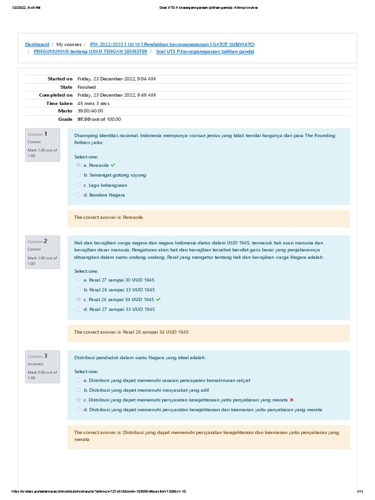 Soal UTS P.Kewarganegaraan Pilihan Ganda Attempt Review | PDF