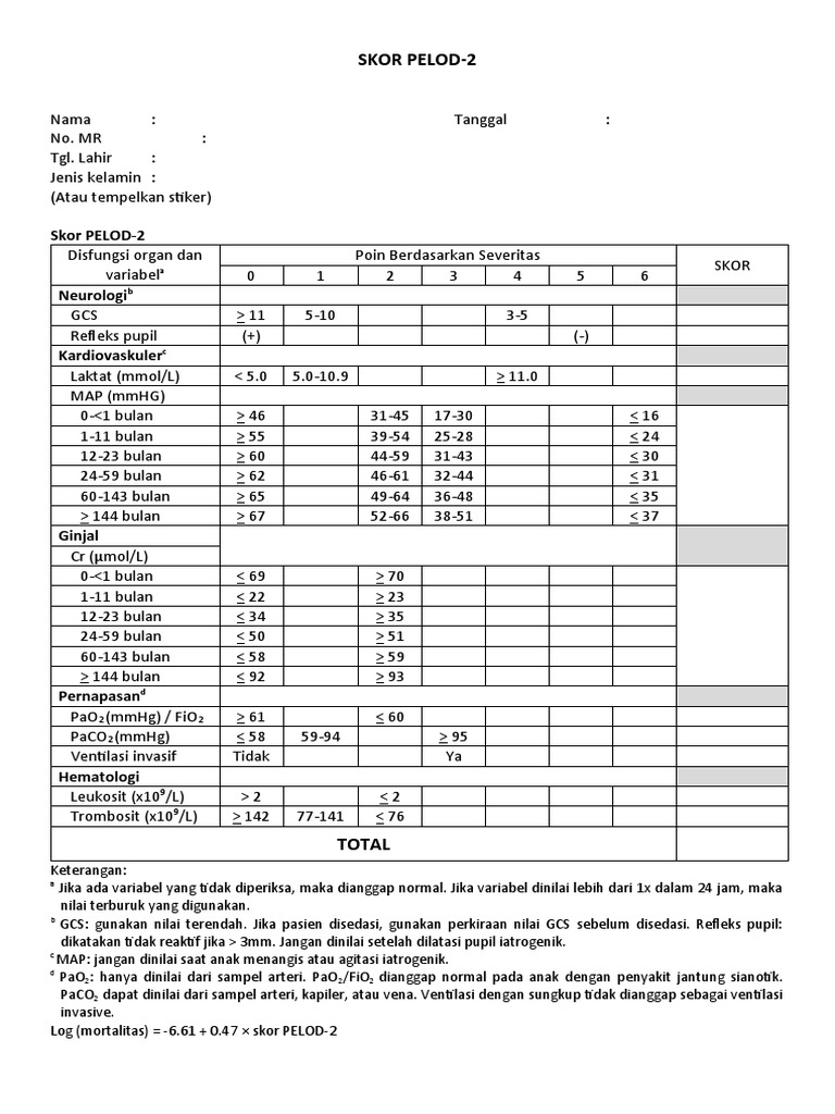 Skor PELOD-2 untuk Penilaian Sepsis Anak | PDF