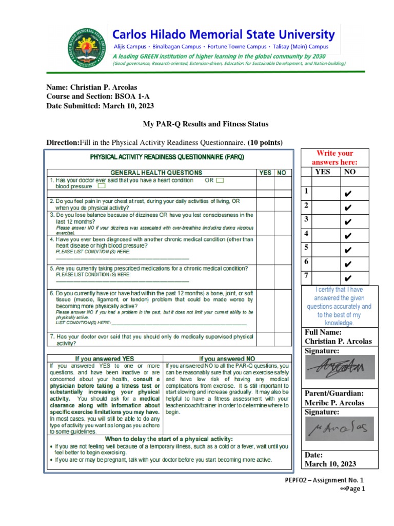 Arcolas, Christian Bsoa 1-A Assignment No.1 PDF | PDF | Physical Fitness | Psychology