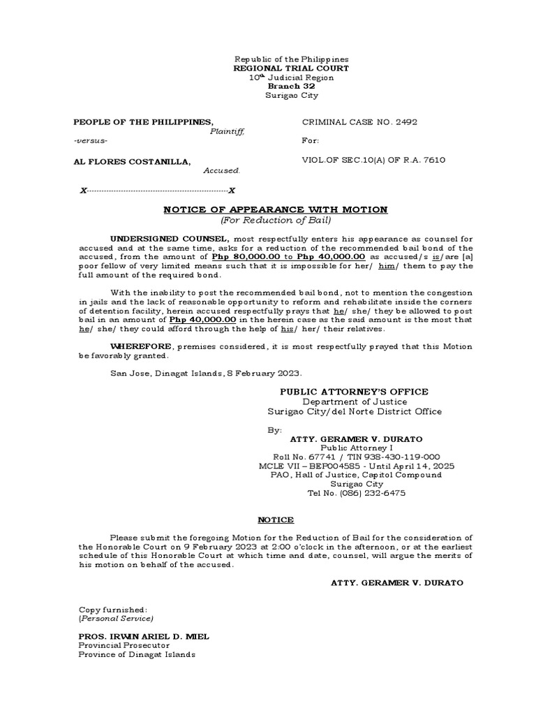 PAO-reduction-of-bail-standard-form - Costanilla - Feb 8 2023 | PDF ...